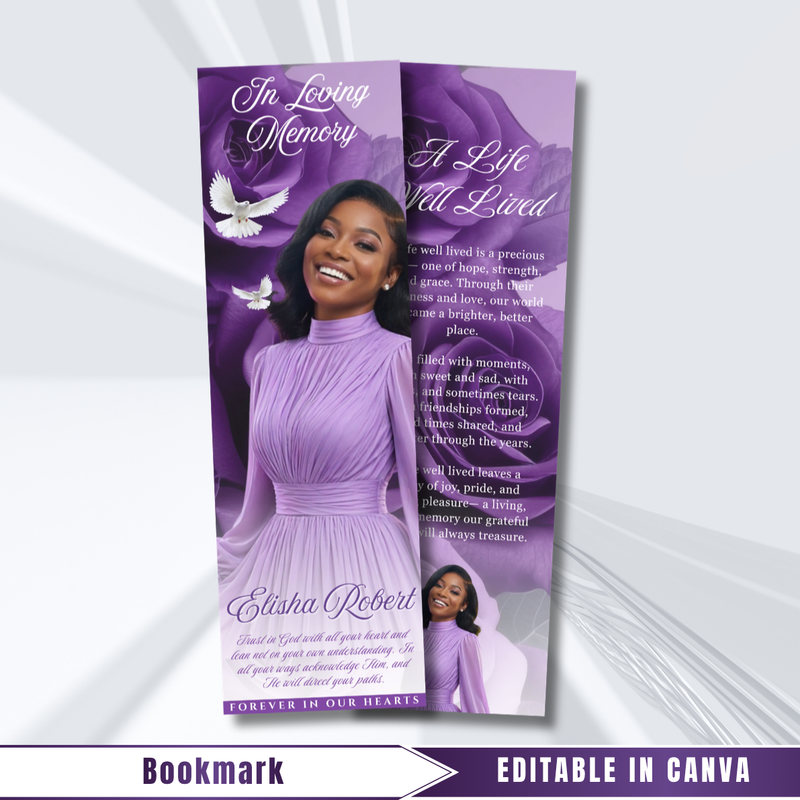 Purple Roses Memorial Bookmark Template: Funeral Keepsake (Canva PDF ...